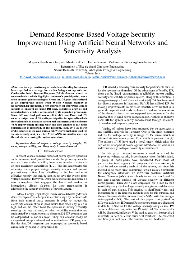 Pdf Demand Response Based Voltage Security Improvement Using Artificial Neural Networks And