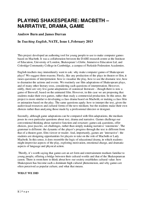 (PDF) Playing Shakespeare: Macbeth – Narrative, Drama, Game