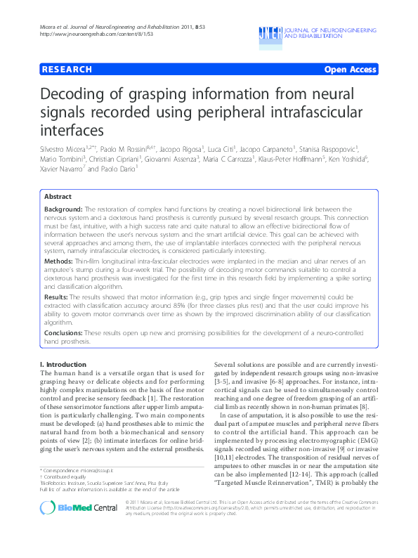 (PDF) Decoding of grasping information from neural signals recorded using peripheral ...