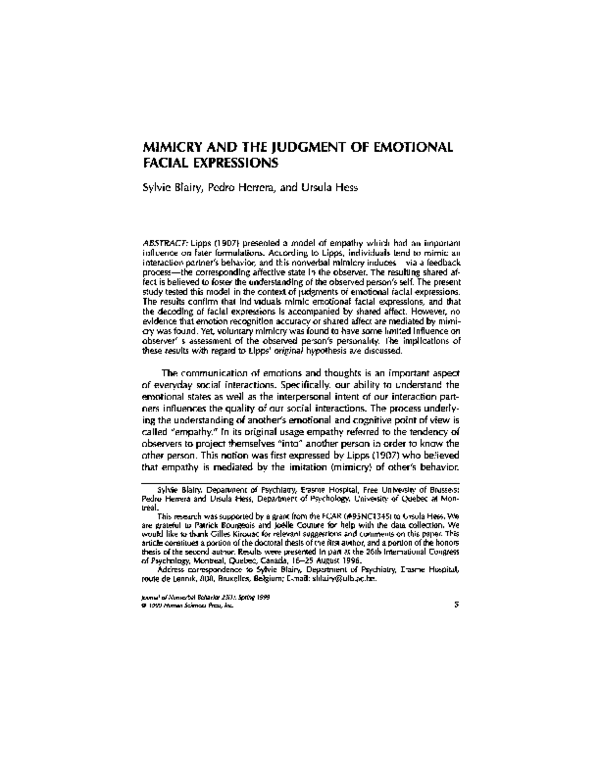 (PDF) Mimicry and the judgment of emotional facial expressions