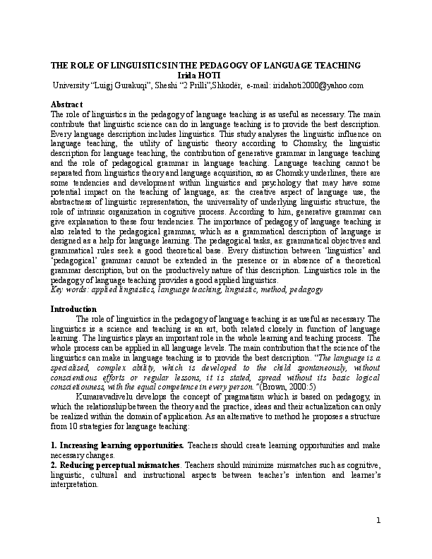 (DOC) THE ROLE OF LINGUISTICS IN THE PEDAGOGY OF LANGUAGE TEACHING