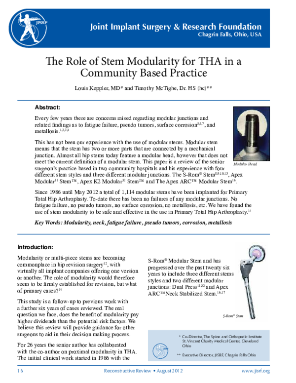 (PDF) Th e Role of Stem Modularity for THA in a Community Based Practice