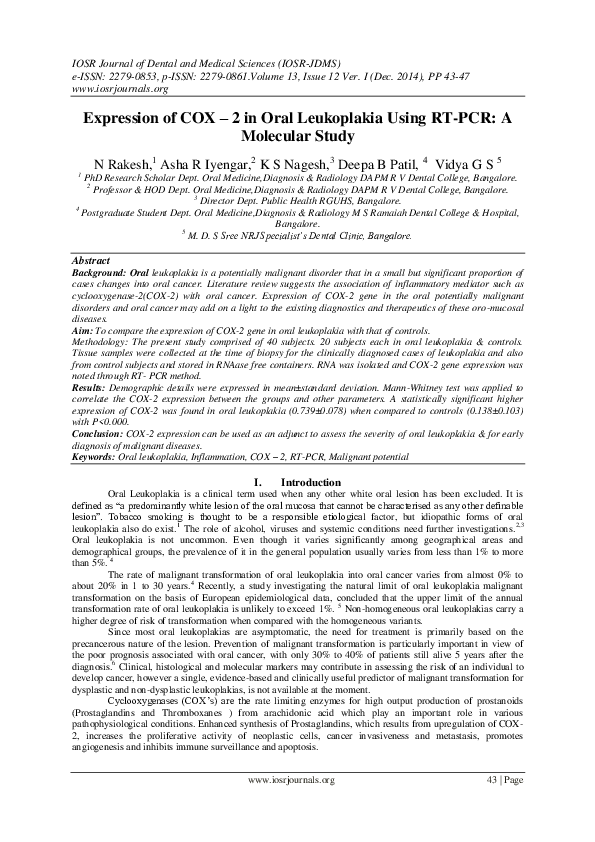 (PDF) Expression of COX – 2 in Oral Leukoplakia Using RT-PCR: A ...