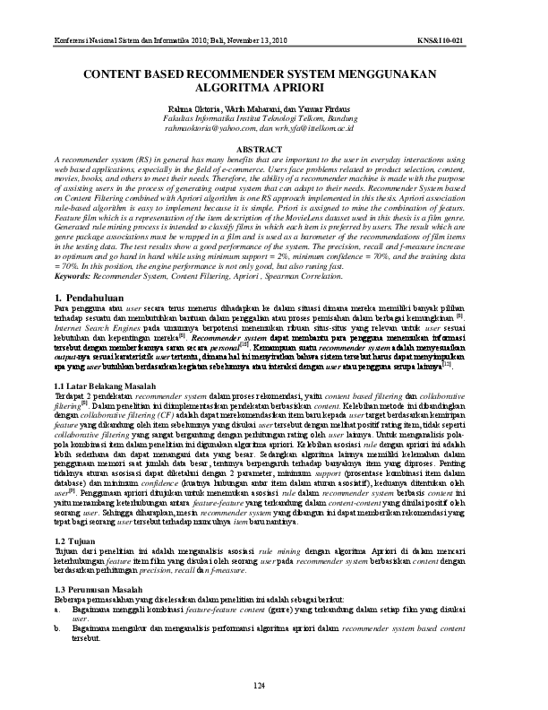 (PDF) KNS&I10-021 CONTENT BASED RECOMMENDER SYSTEM MENGGUNAKAN