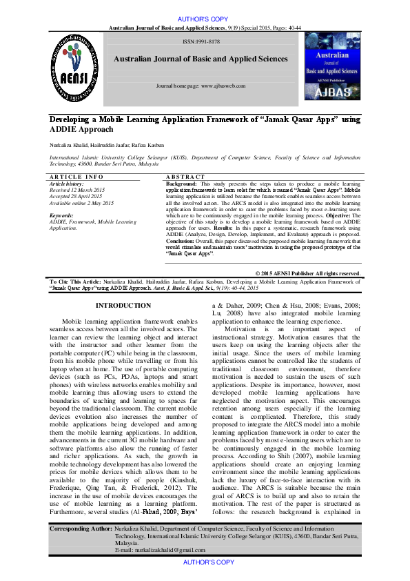 Pdf Developing A Mobile Learning Application Framework Of “jamak Qasar Apps” Using Addie