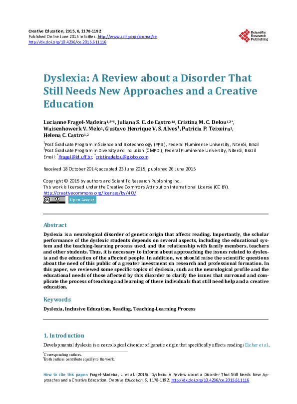 (PDF) Dyslexia: A Review about a Disorder That Still Needs New ...