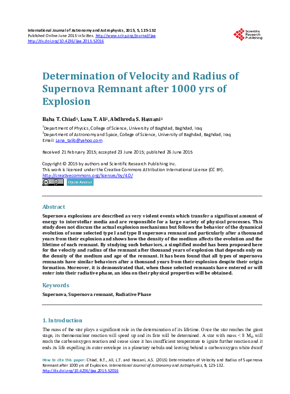 (PDF) Determination of Velocity and Radius of Supernova Remnant after ...