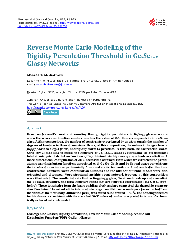 (PDF) Reverse Monte Carlo Modeling of the Rigidity Percolation Threshold in GexSe1-x Glassy Networks