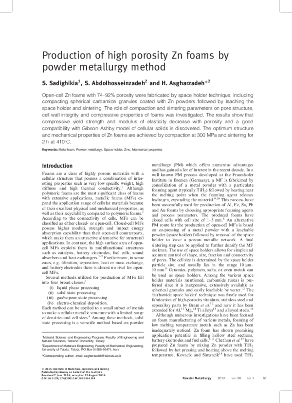 (PDF) Production of high porosity Zn foams by powder metallurgy method