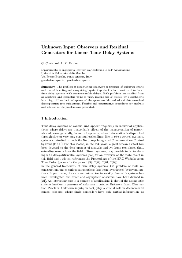 (PDF) Unknown Input Observers and Residual Generators for Linear Time Delay Systems