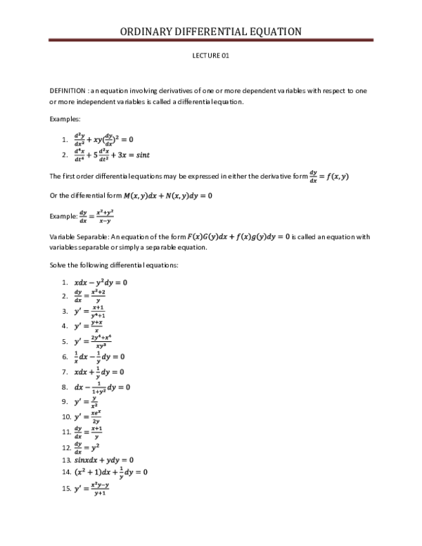 (PDF) ORDINARY DIFFERENTIAL EQUATION