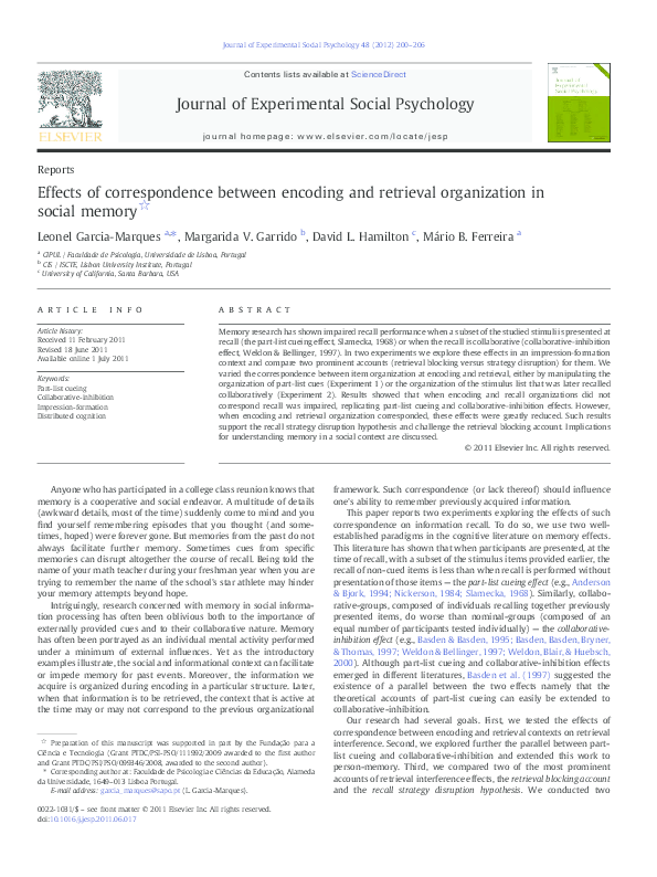 (PDF) Encoding-Retrieval Match in Social Memory