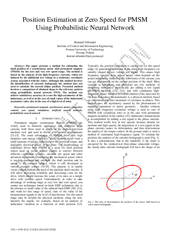 Position Estimation at Zero Speed for PMSM Using Probabilistic Neural Network