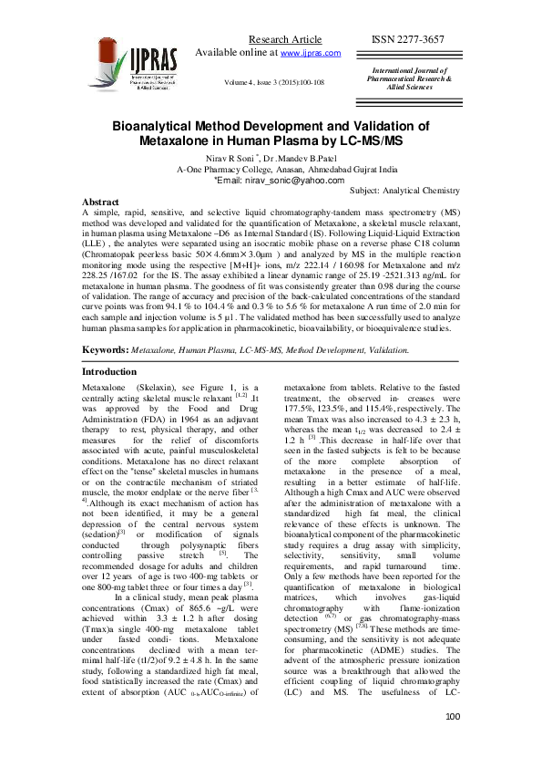 (PDF) bioanalytical Method Development and Validation of Metaxalone in Human Plasma by LC-MS-MS