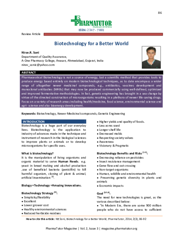 (PDF) Biotechnology for a Better World