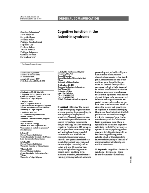 (PDF) ORIGINAL COMMUNICATION | Caroline Schnakers, Steven Laureys, and Steve Majerus - Academia.edu