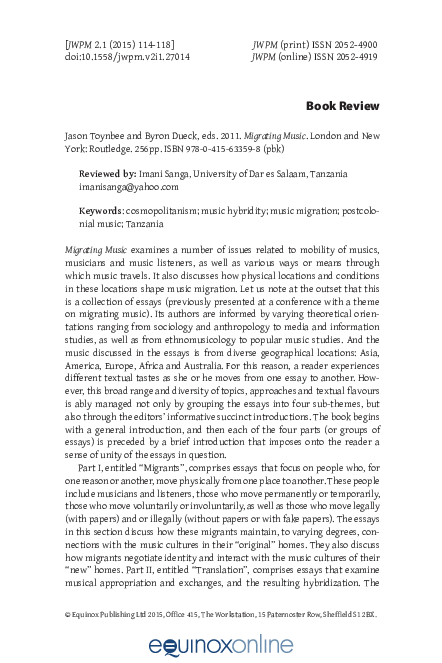 (PDF) Migrating Music. Book Edited by Jason Toynbee and Byron Dueck. A ...