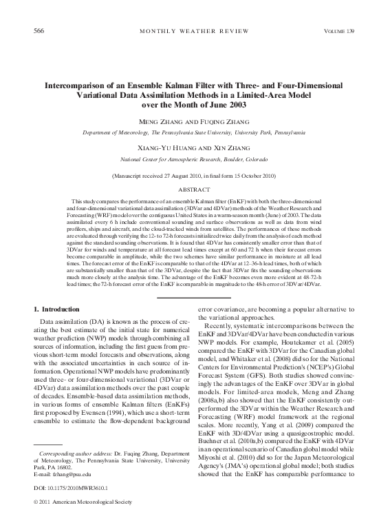 (PDF) Intercomparison of an Ensemble Kalman Filter with Three- and Four-Dimensional Variational ...