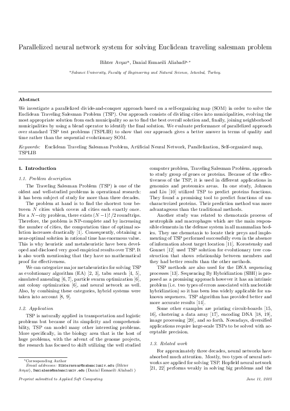 (PDF) Parallelized neural network system for solving Euclidean traveling salesman problem