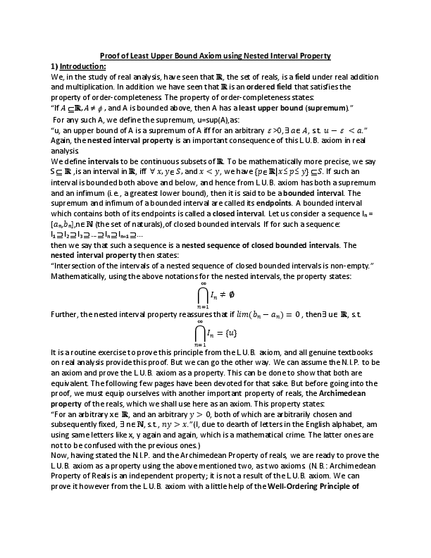 (PDF) Least Upper Bound Axiom of Reals from Nested Interval Property and Archimedean Property of ...