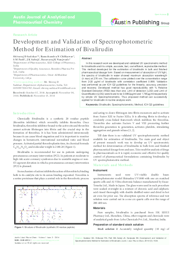 Pdf Development And Validation Of Spectrophotometric Method For Estimation Of Bivalirudin