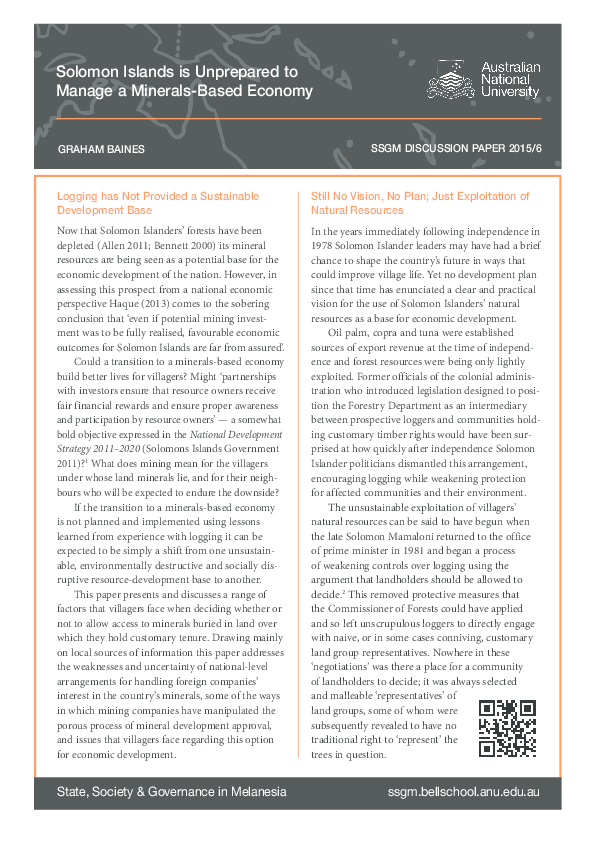 (PDF) Solomon Islands is Unprepared to Manage a Minerals-Based Economy