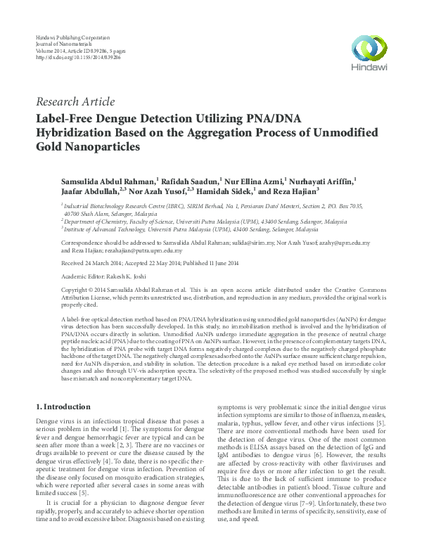 (PDF) Label-Free Dengue Detection Utilizing PNA/DNA Hybridization Based on the Aggregation ...
