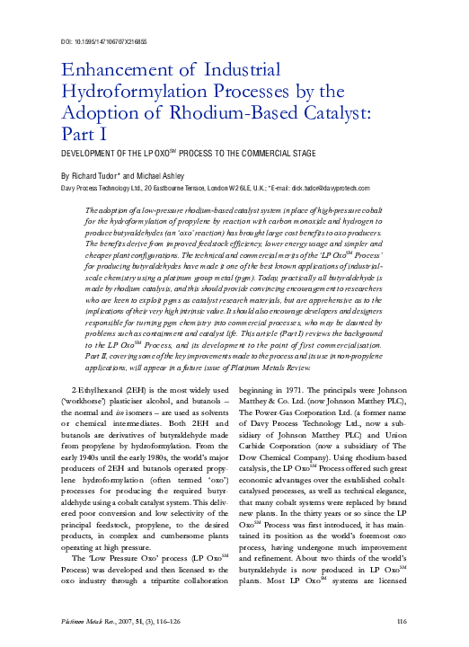(PDF) Enhancement of Industrial Hydroformylation Processes by the Adoption of Rhodium-Based ...