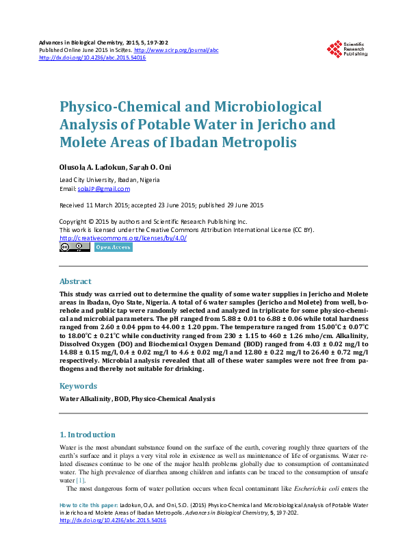 (PDF) Physico-Chemical and Microbiological Analysis of Potable Water in ...
