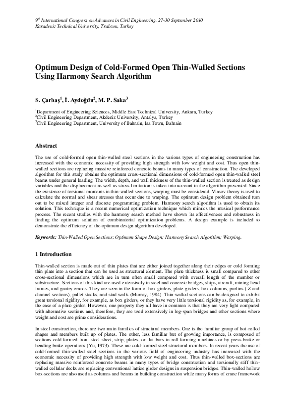 (PDF) Optimum Design of Cold-Formed Open Thin-Walled Sections Using Harmony Search Algorithm