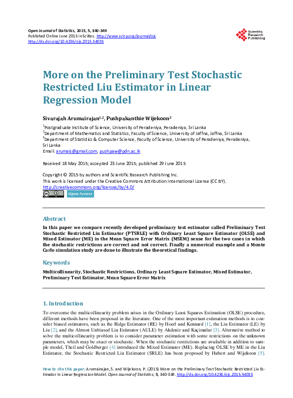 Pdf More On The Preliminary Test Stochastic Restricted Liu Estimator