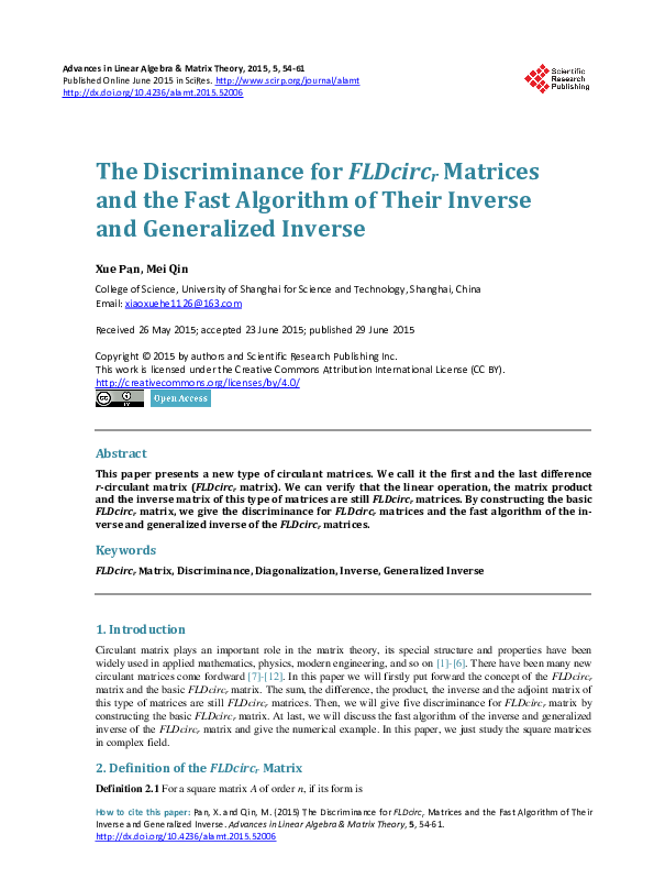 (PDF) The Discriminance for FLDcircr Matrices and the Fast Algorithm of Their Inverse and ...