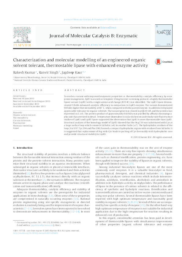 (PDF) Characterization and molecular modelling of an engineered organic solvent tolerant ...