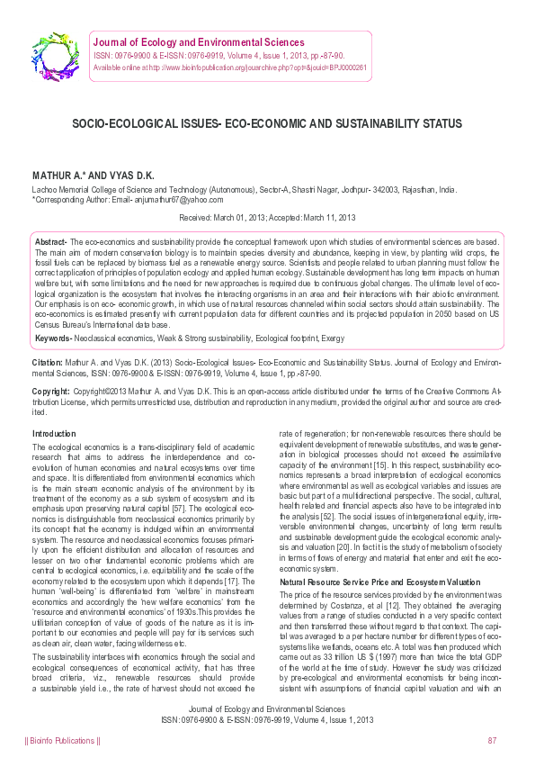 (PDF) SOCIO-ECOLOGICAL ISSUES- ECO-ECONOMIC AND SUSTAINABILITY STATUS