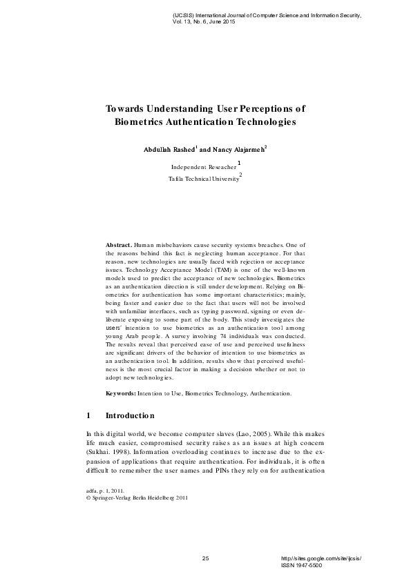Pdf Towards Understanding User Perceptions Of Biometrics Authentication Technologies