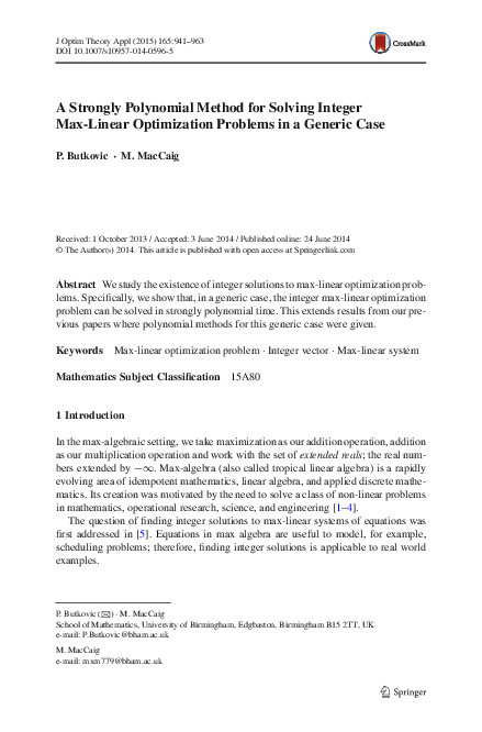 Pdf A Strongly Polynomial Method For Solving Integer Max Linear Optimization Problems In A