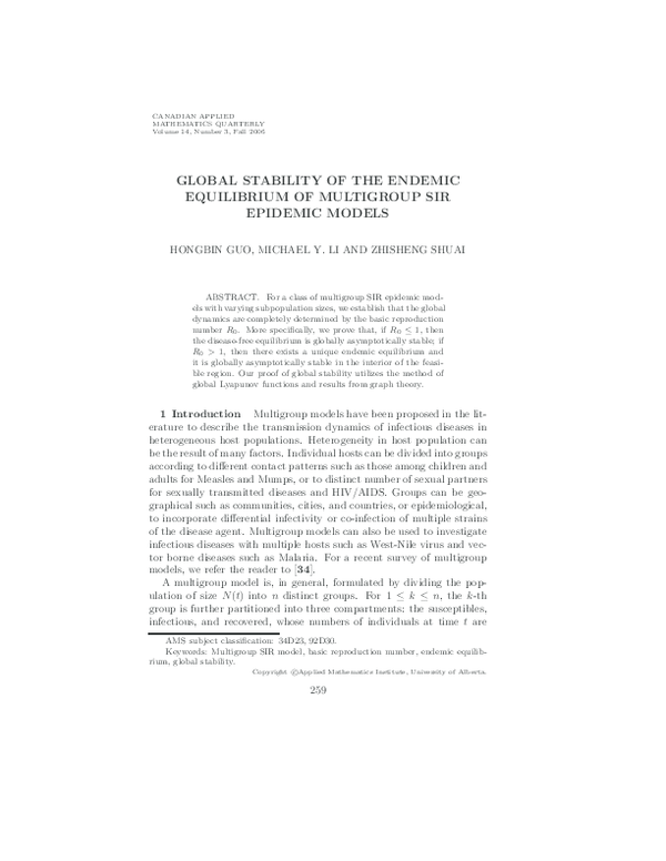 (PDF) Global stability of the endemic equilibrium of multigroup SIR epidemic models