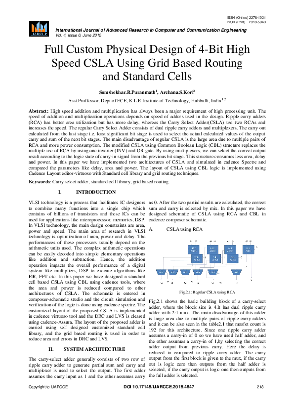 Pdf Full Custom Physical Design Of 4 Bit High Speed Csla Using Grid Based Routing And Standard