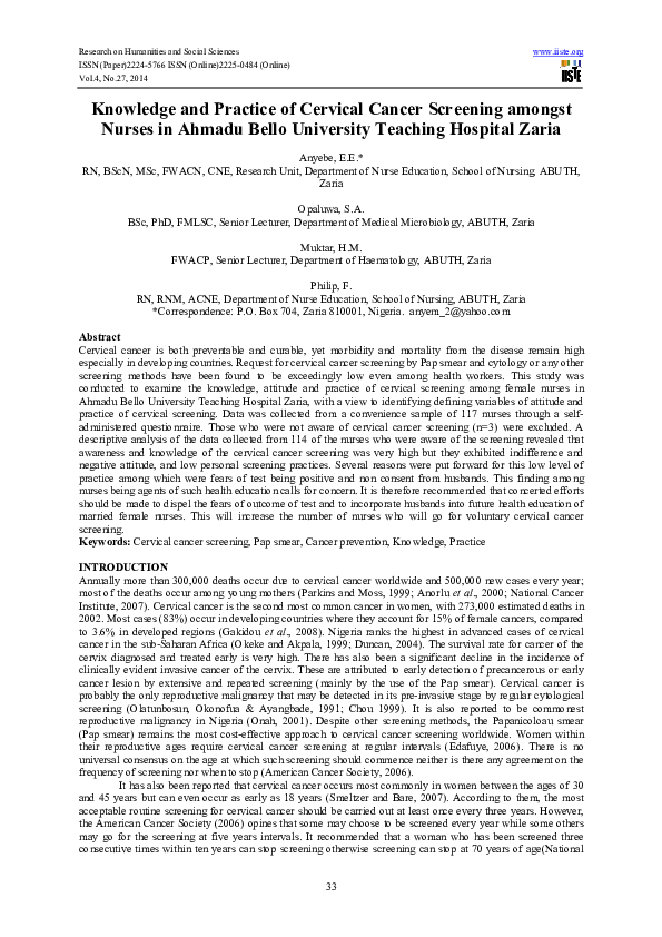 (PDF) Knowledge, Attitude and Practice of Cervical cancer screening by Nurses in Zaria, Northern ...