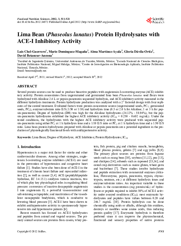 (PDF) Lima Bean (Phaseolus lunatus) Protein Hydrolysates with ACE-I ...