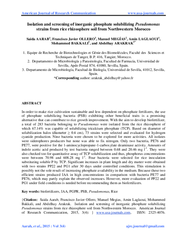 (PDF) Inorganic Phosphate Solubilizing Pseudomonas from Rice Soil