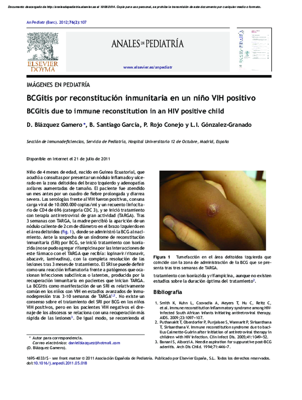 (PDF) BCGitis por reconstitución inmunitaria en un niño VIH Anpedia 2012
