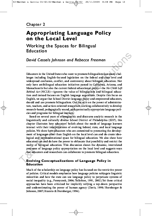 (PDF) Appropriating Language Policy on the Local Level: Working the ...