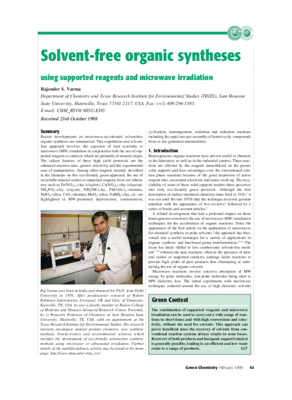 (PDF) Solvent-free organic syntheses using supported reagents and microwave irradiation