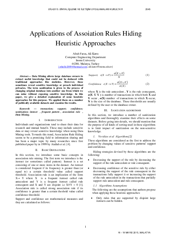 (PDF) Applications of Association Rules Hiding Heuristic Approaches