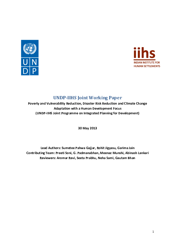 UNDP-IIHS Joint Working Paper : Poverty and Vulnerability Reduction ...