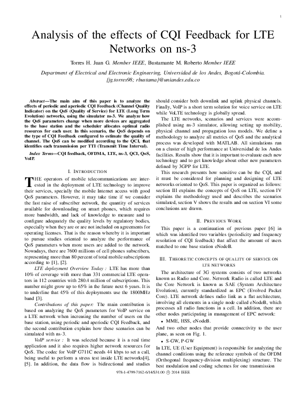 (PDF) Analysis of the effects of CQI Feedback for LTE Networks on ns-3
