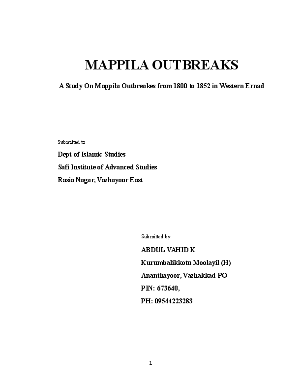 (DOC) Mappila Outbreaks: A Study on Mappila Outbreaks From 1800 to 1852 ...