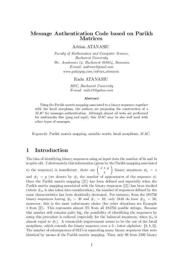 (PDF) Message Authentication Code based on Parikh Matrices