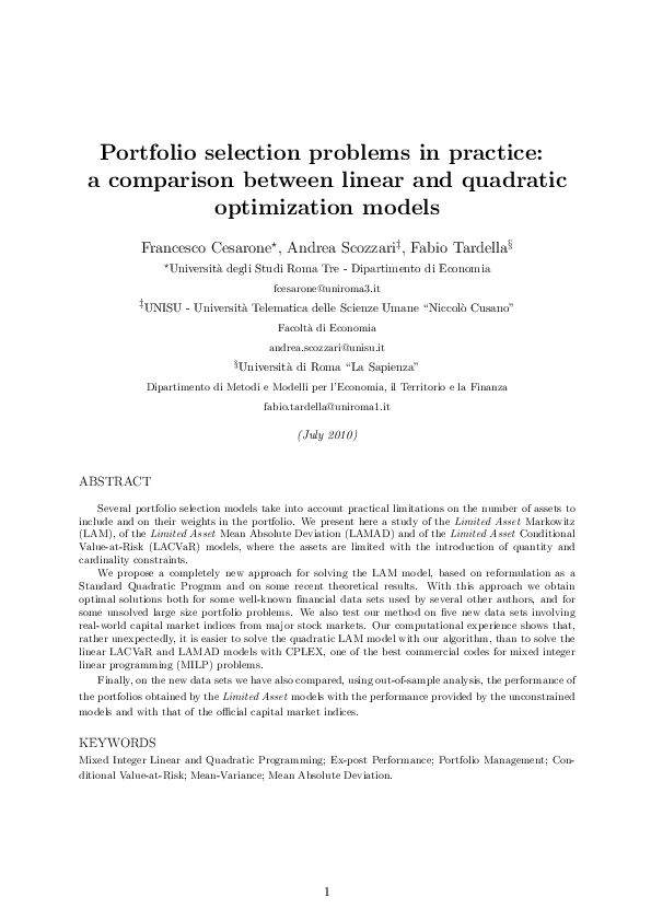 Pdf Portfolio Selection Problems In Practice A Comparison Between Linear And Quadratic